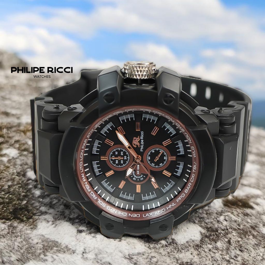 Jual PhiLipe Ricci Jam Tangan Pria Karet Hitam Bulat Sporty Black 1921C ...