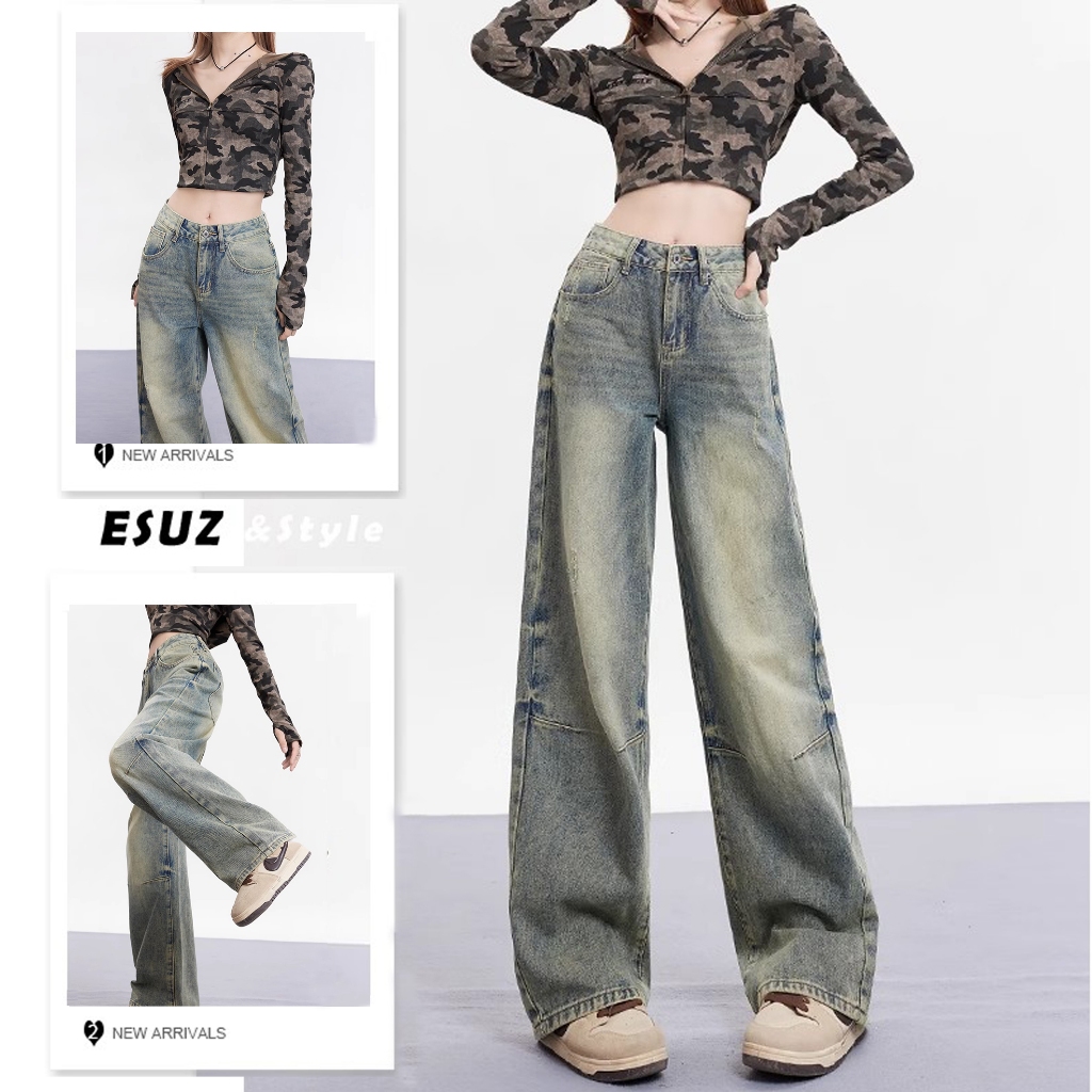 Jual Biru retro celana loose pants highwaist jeans panjang wanita jumbo ...