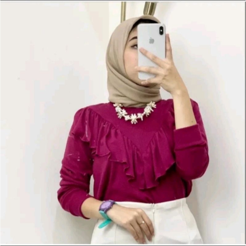Jual AZURA BLOUSE RUFFLE RUMBAI IMPORT || ATASAN KNIT RIB FASHION ...