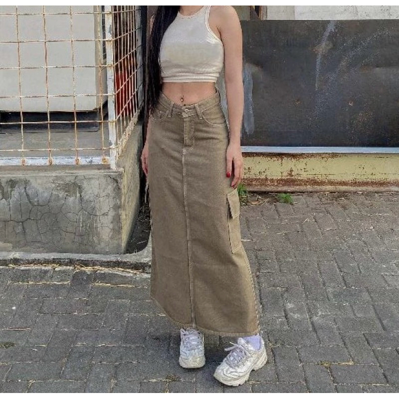 Jual Rok Span Kimpul Wanita Highwaist Rok Cargo Jeans Warna Hijau Tua ...
