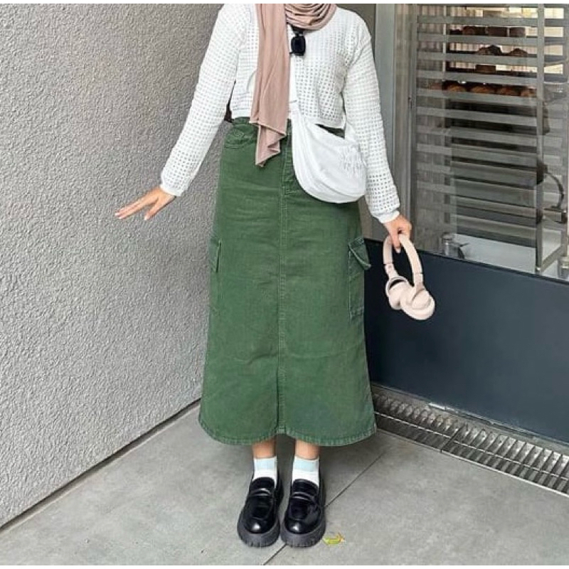 Jual Rok Span Kimpul Wanita Highwaist Rok Cargo Jeans Warna Hijau Tua ...