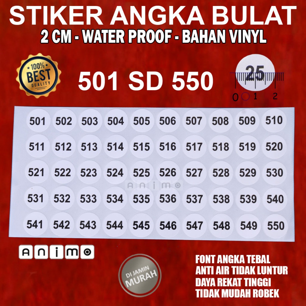 Jual STIKER BULAT ANGKA Tahan Air 2 CM - Stiker Bulat Angka Vinyl ...