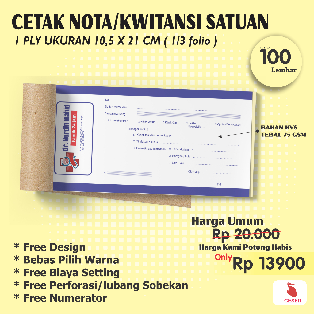 Jual Cetak Nota / kwitansi custom 1/3 folio 1 ply desain bebas custom ...
