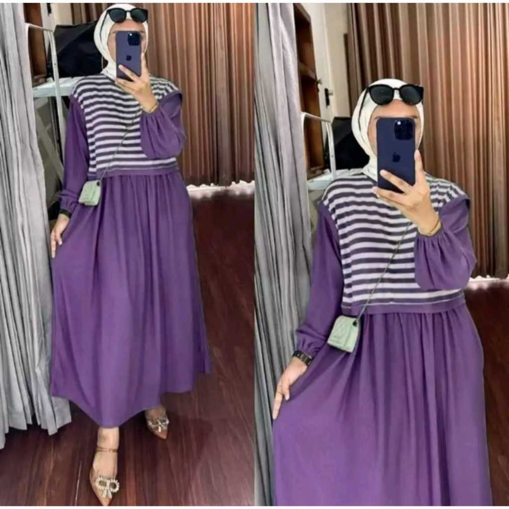 Jual Dress Salur Kombinasi Bahan Knit Import Salur Gamis Salur Kombinasi Terbaru Midi Salur ...