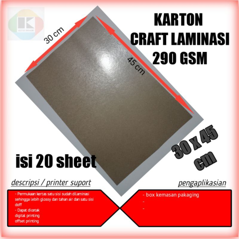 Jual kertas karton craft laminasi 290 gsm ukuran 30 x 45 cm isi 20 ...
