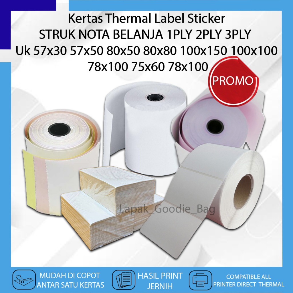 Jual Kertas Thermal Sticker Label Struk Nota Kasir 1PLY 2PLY 3PLY Uk ...