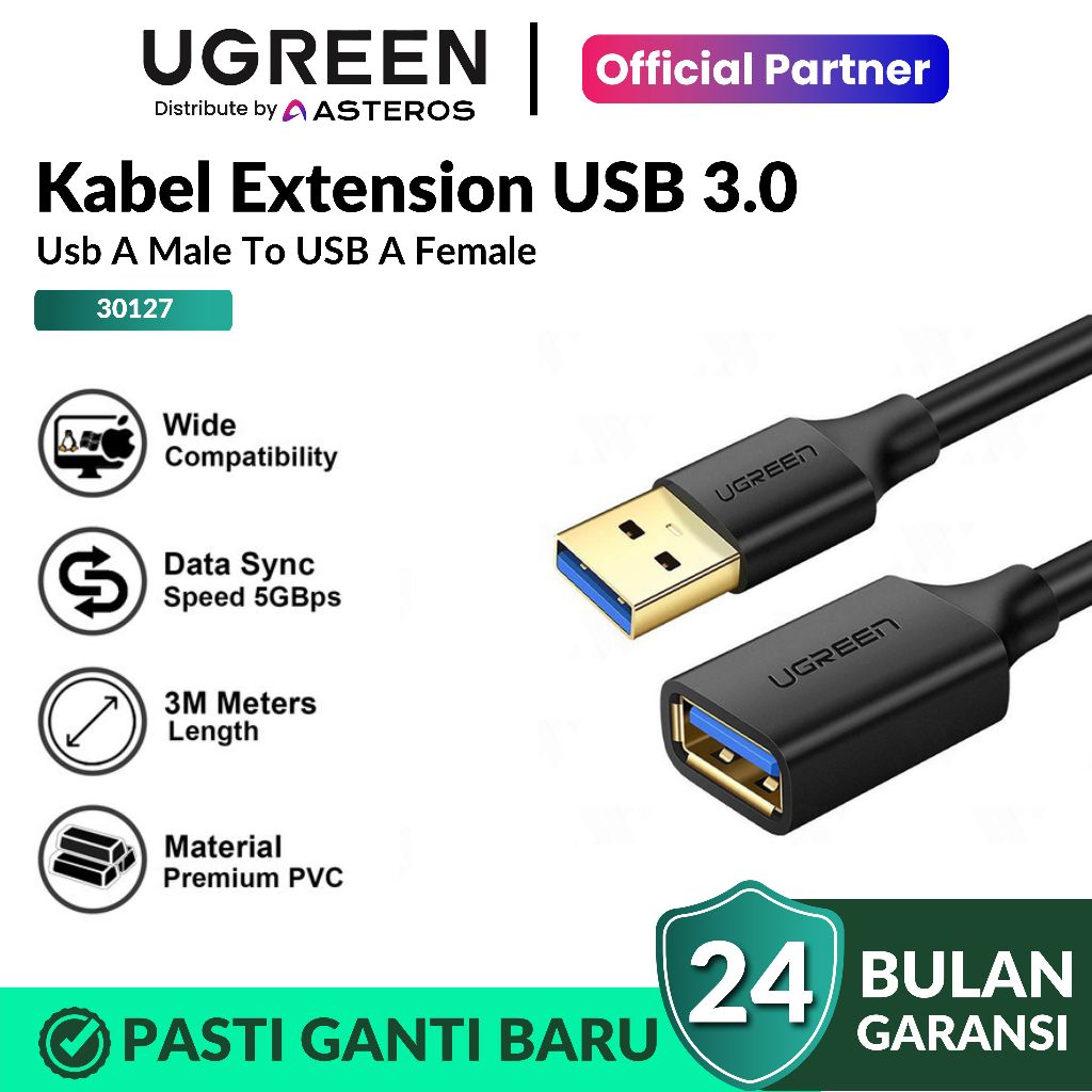 Jual Ugreen Usb 3.0 extension male to female Round cable 3m black 30127 ...