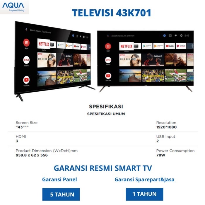 Jual LED AQUA 43 Inch LE 43K701 Android TV | Shopee Indonesia