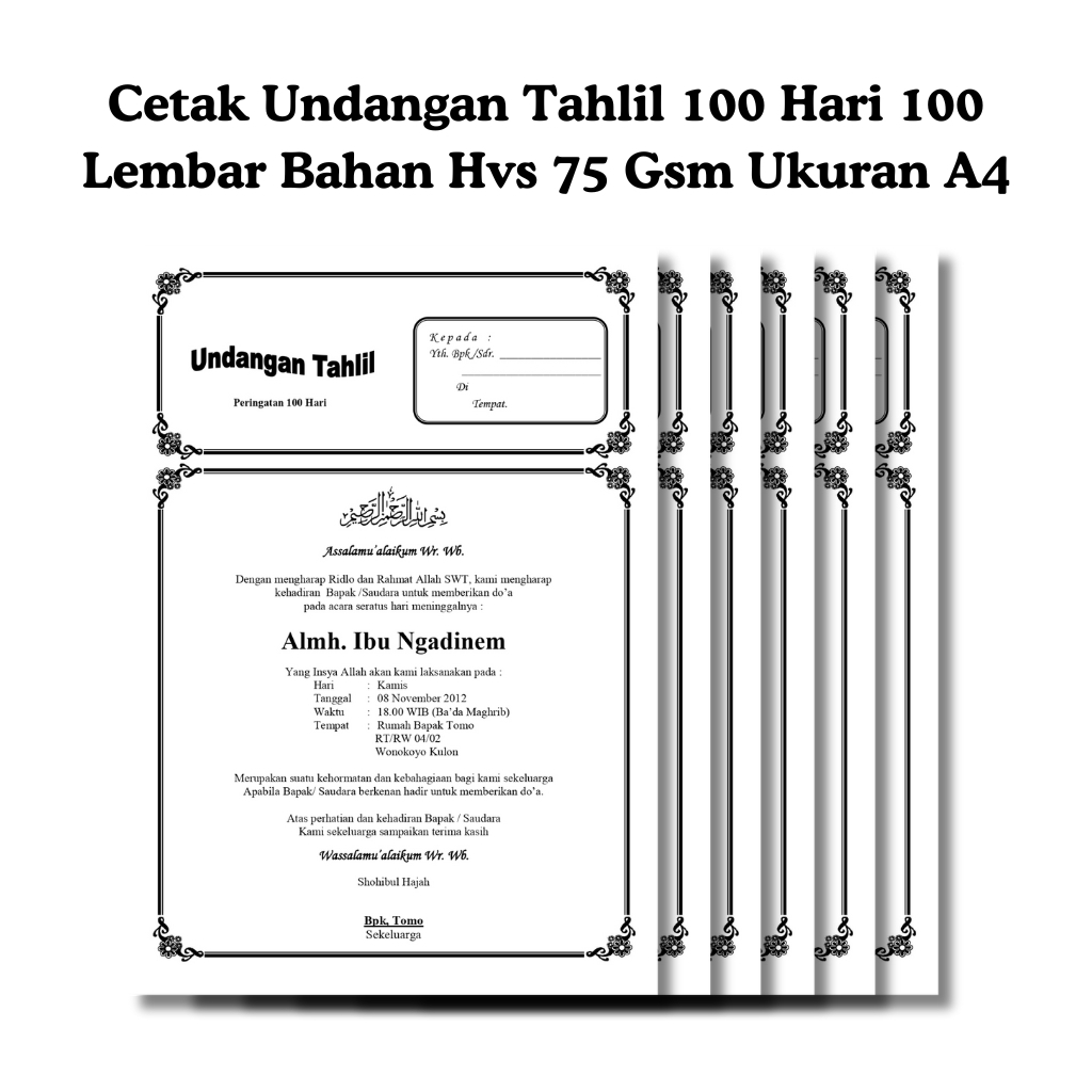Jual Cetak Undangan Tahlil 100 Hari 100 Lembar | Bahan Hvs 75 Gsm | 100 ...