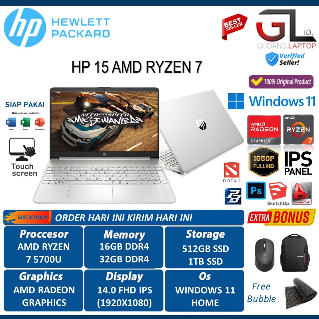 Jual Laptop Gaming Hp 15 AMD Ryzen 7 5700U 32GB 1TB 15.6 FHD IPS ...