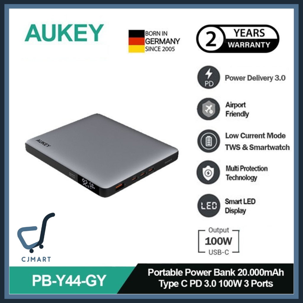 Jual AUKEY Powerbank 20000mah PB-Y44 Grey USB C 100W PD 3.0 PPS Power Bank Y44 20.000mAh 100w ...