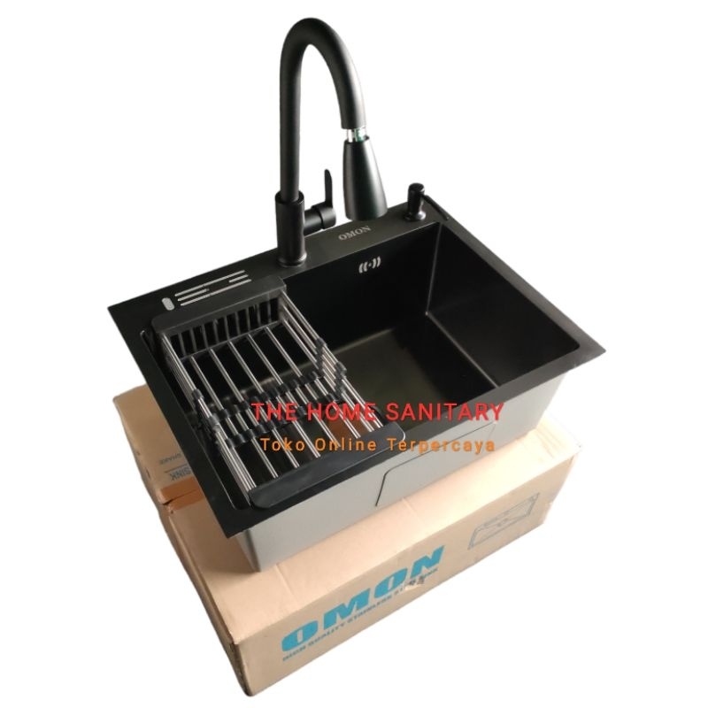 Jual Paket Kitchen Sink OMON 7545 BLACK Paket Kran Tarik Hitam+Tempat ...