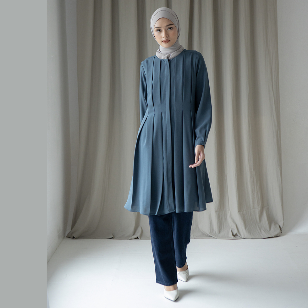 Jual Danantya by Aska Label - Tunik wanita panjang warna biru dusty, abu gelap, putih lengan ...