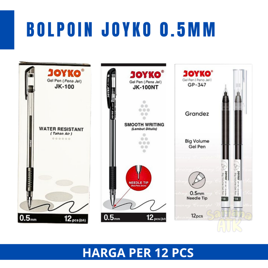 Jual (12 Pcs) Bulpen Gel Joyko JK-100 dan JK-100NT 0,5mm tinta Hitam dan Biru | Shopee Indonesia
