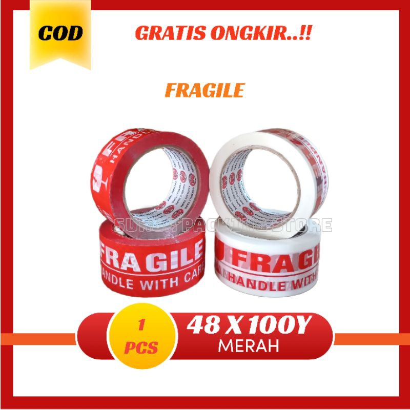 Jual Lakban Fragile Merah 48mm x 100Yard | Lakban Fragile Putih 100 ...