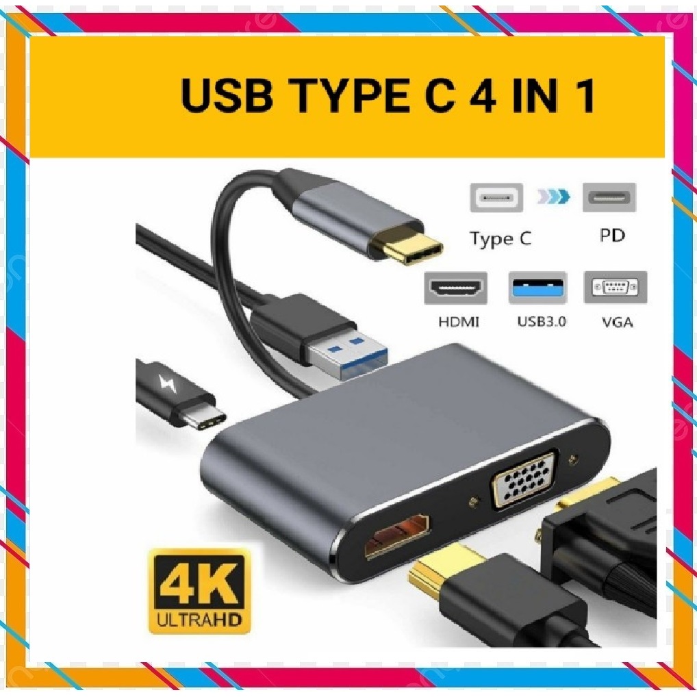 Jual Converter USB Type-c To Hub PD USB 3.0 HDMI VGA 4in1 adapter 4K ...