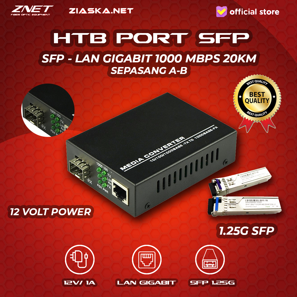 Jual HTB Media Converter + SFP Gigabit 1.25Gb 20KM 1000mbps 12 Volt ...