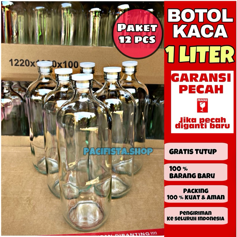 Jual botol kaca bensin 1 liter ( PAKET 12 PCS ) | botol jamu | botol ...