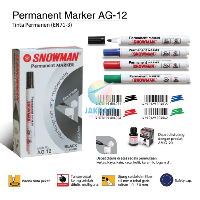 Jual (1 Pcs) Spidol Permanen Tidak Bisa Dihapus SNOWMAN AG-12 Permanent ...