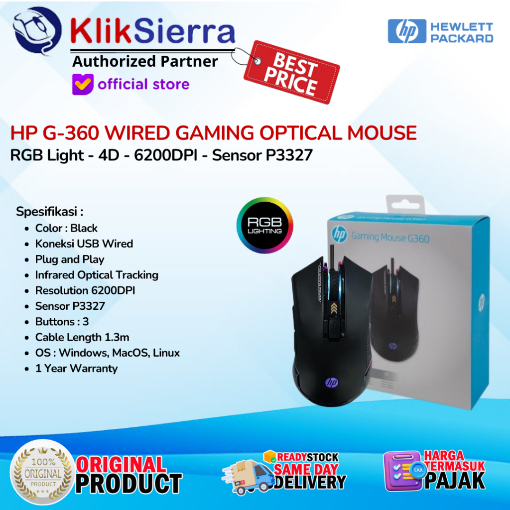 Jual HP G360 Mouse Gaming Sensor P3327, RGB Light, 4D, 1000-6200 dpi ...