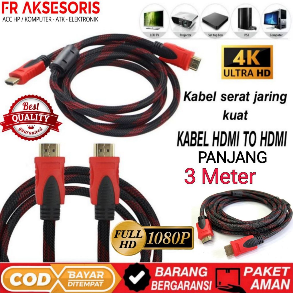 Jual Kabel HDMI To HDMI 3m / 1.5m SERAT JARING KABEL HDMI 1.5m / 3m FULL HD 4K | Shopee Indonesia