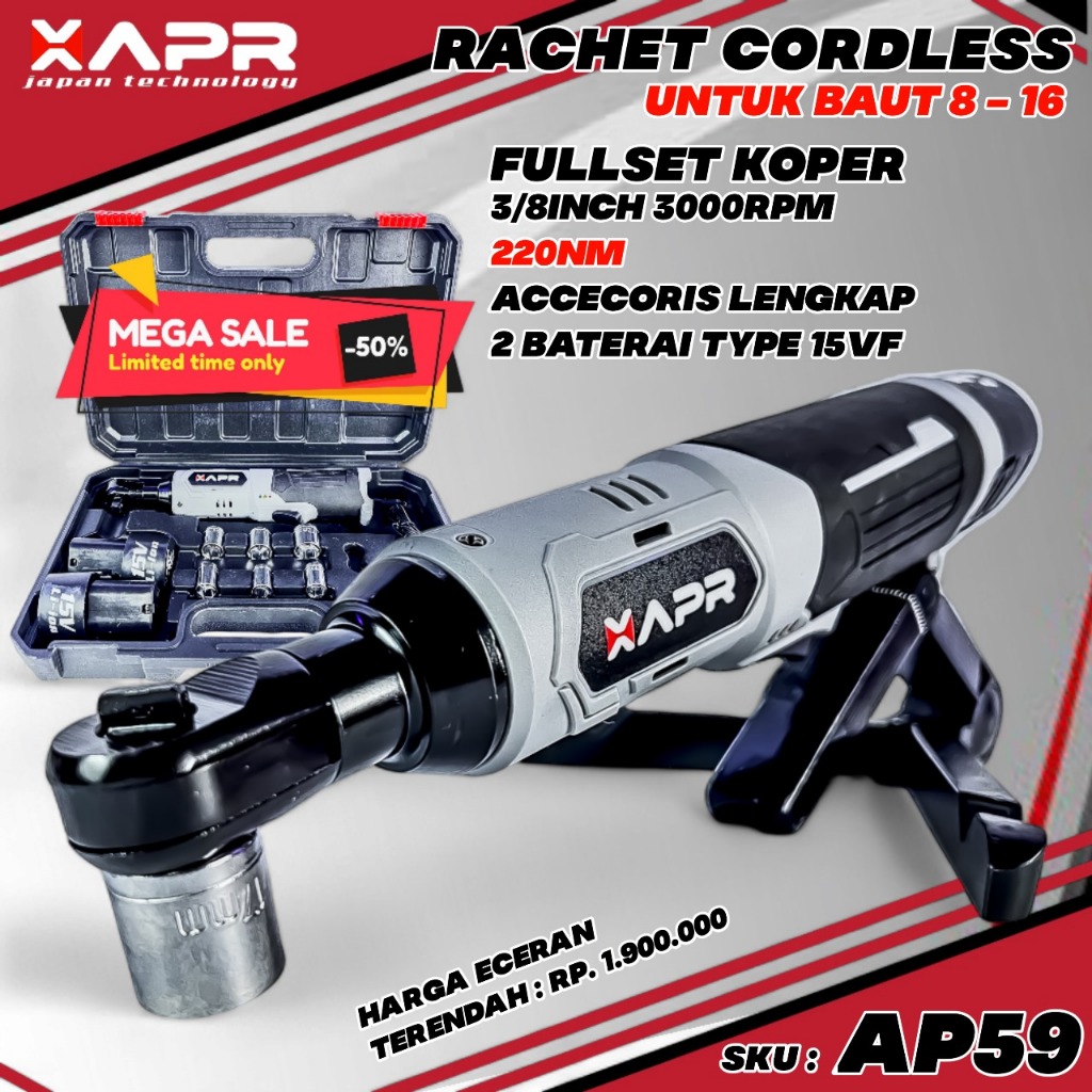 Jual APR JAPAN RACHET CORDLESS 2Baterai 15V 3/8inch 220nm untuk baut 8 ...