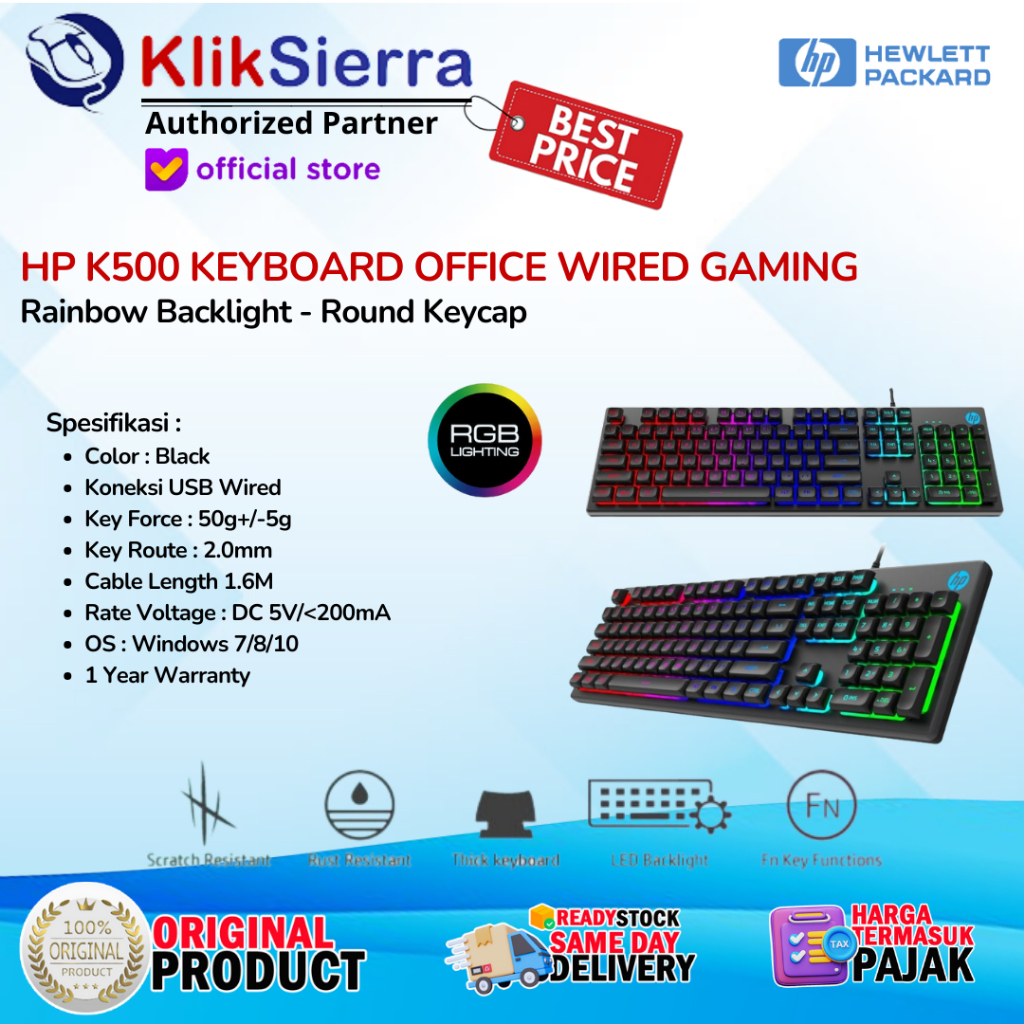 Jual HP K500 Keyboard Office Gaming (Rainbow Backlight, Round Keycap ...