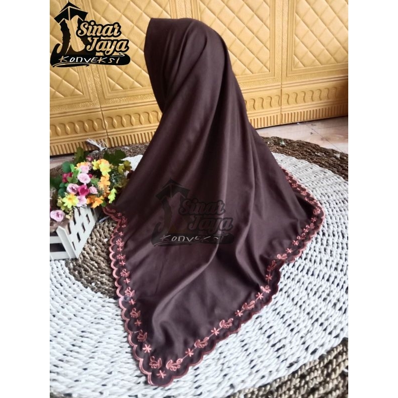 Jual Jilbab Segiempat Bordir Coklat Polino Silk Polymicro | Shopee ...