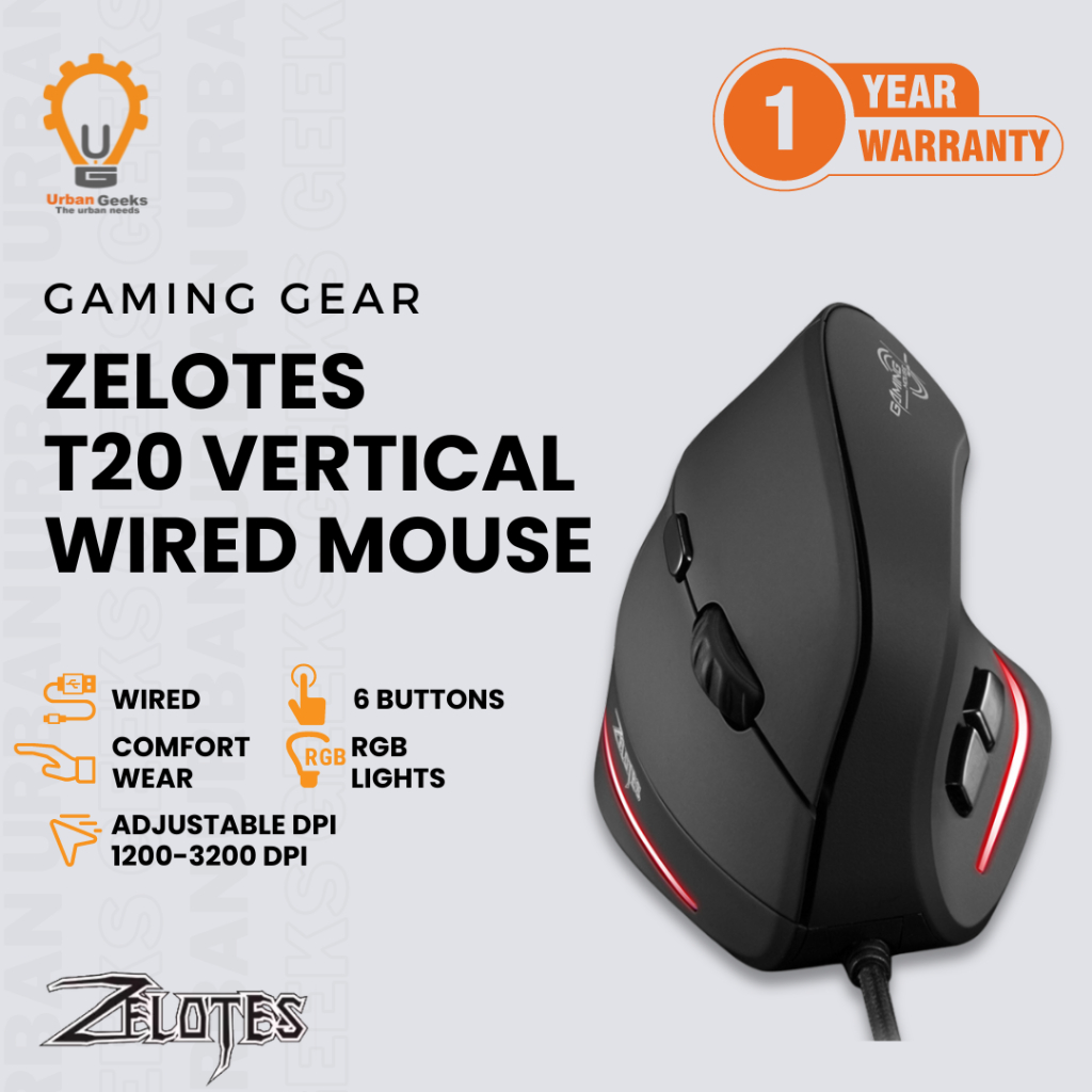Jual Zelotes T20 USB Wired Vertical Ergonomic Gaming Mouse | 4 DPI ...