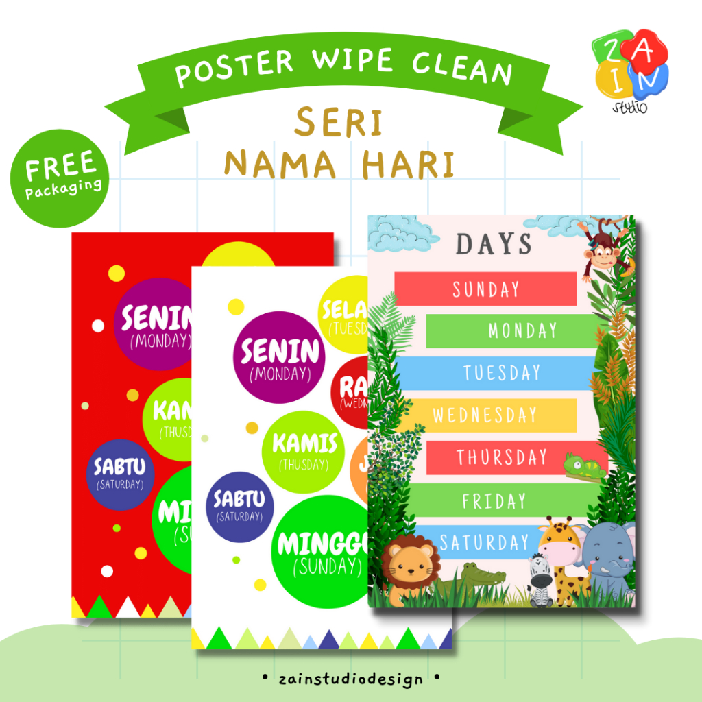 Jual Zain Studio Design Poster Edukasi Anak Belajar Nama Hari Size A3 ...