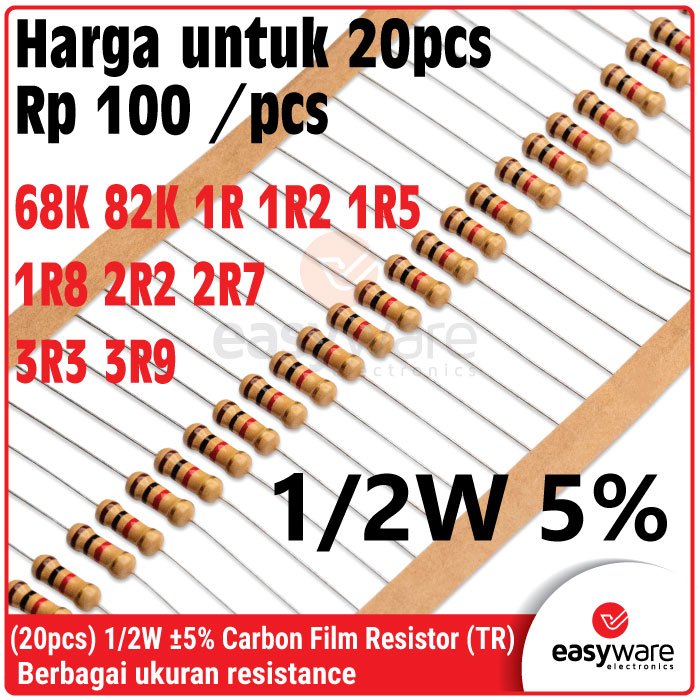 Jual 20x Carbon Film Resistor 1/2W 5% 68K 82K 1R 1R2 1R5 1R8 2R2 2R7 3R3 3R9 | Shopee Indonesia