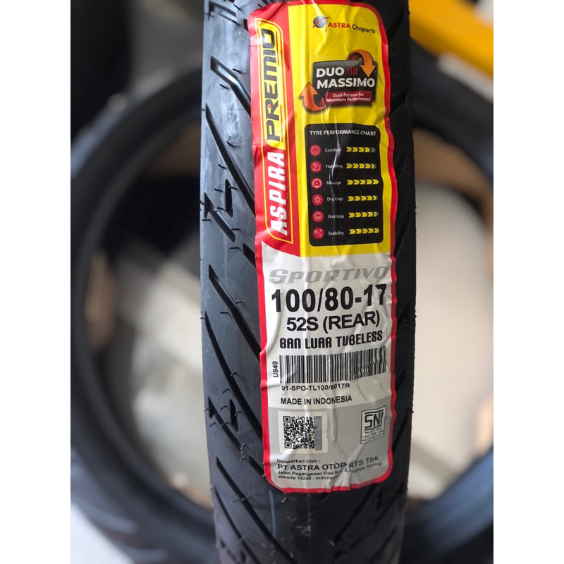 Jual Ban 100 80 17 Aspira Premio Sportivo Tubeless Untuk Ban Belakang Motor SPORT 52S (REAR ...