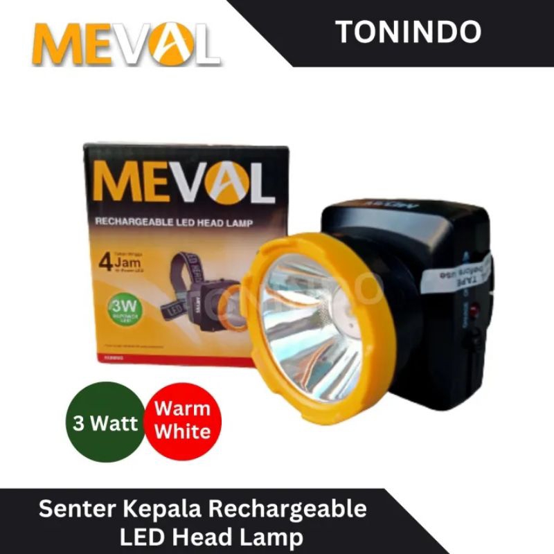 Jual Senter Kepala LED 3 Watt MEVAL Rechargeable Warm White (Cahaya ...