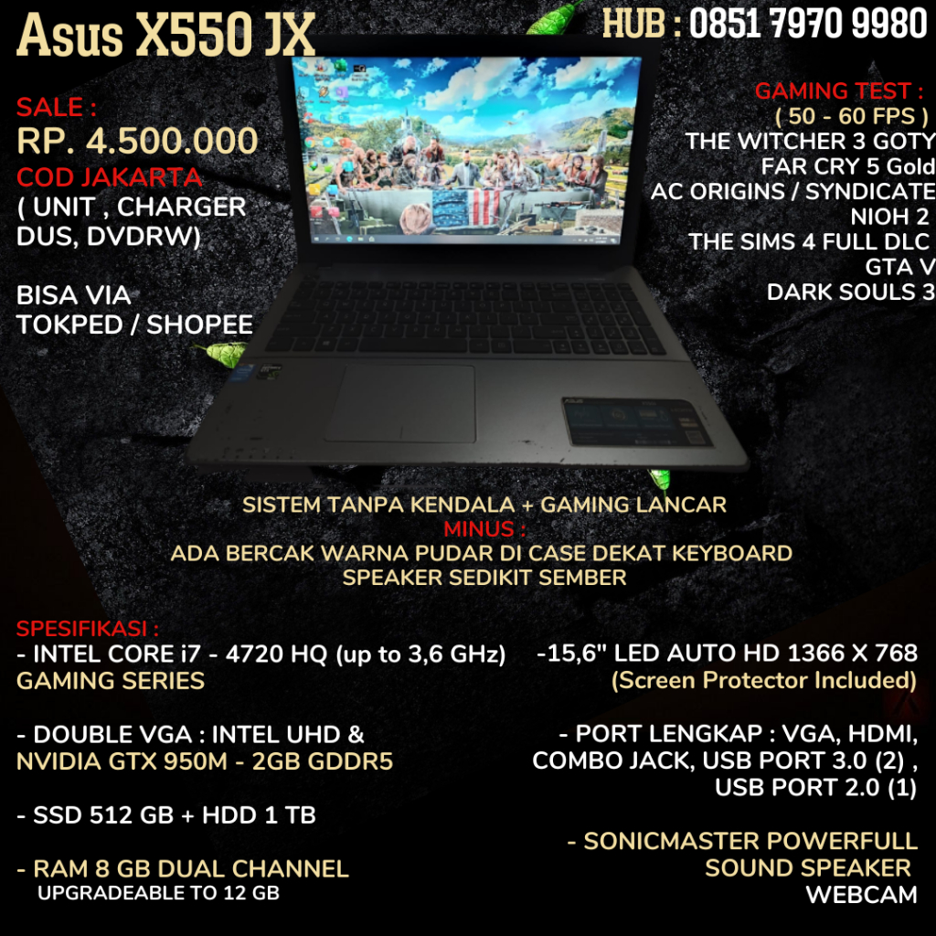 Jual LAPTOP ASUS X550 JX ( LAPTOP GAMING SECOND MURAH ) | Shopee Indonesia