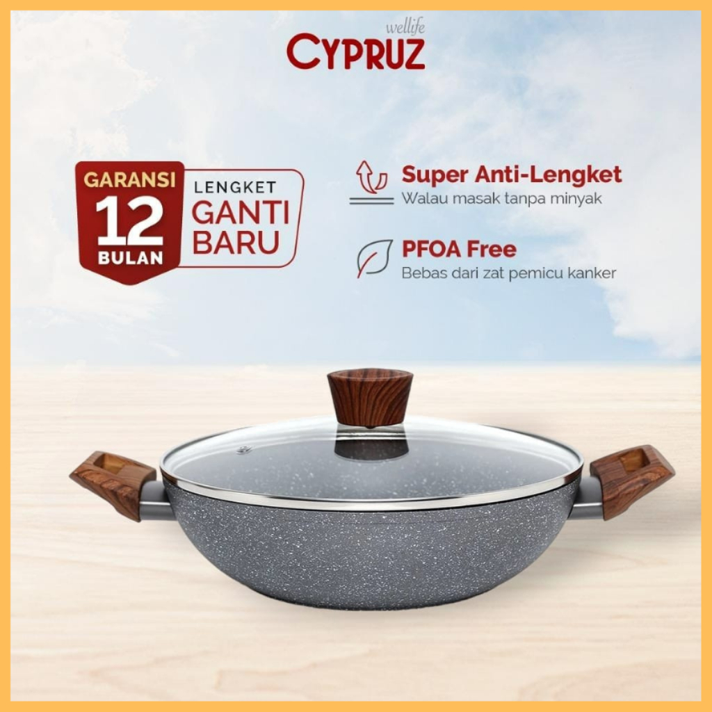 Jual Cypruz Wok Pan Marble Wajan Kuali Anti Lengket Dengan Tutup 30 cm | Shopee Indonesia