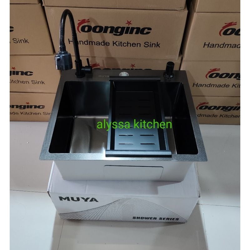 Jual kitchen sink Muya 5243 hitam paket full set kran flexible | Shopee ...