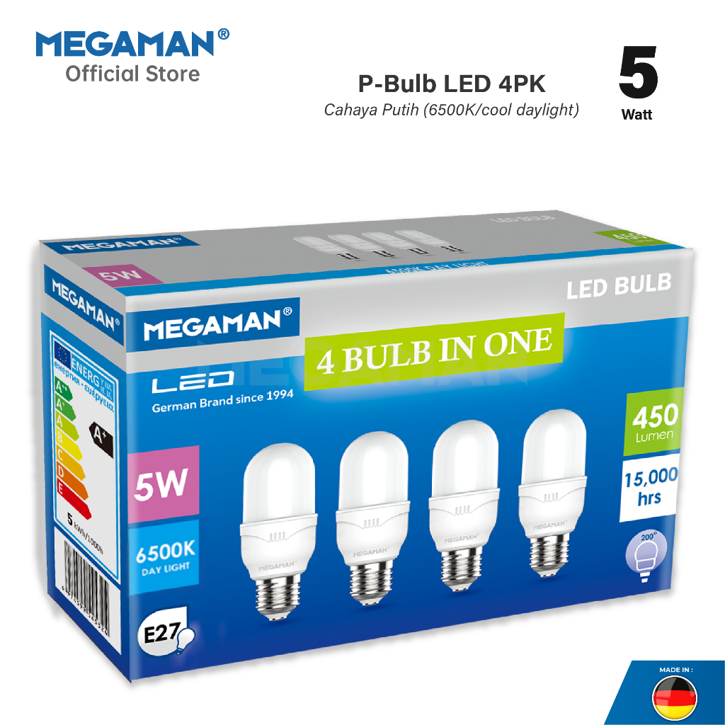Jual Lampu P-Bulb LED Megaman YTP38Z1 5Watt 6500K 4PK 170-240V | Shopee Indonesia