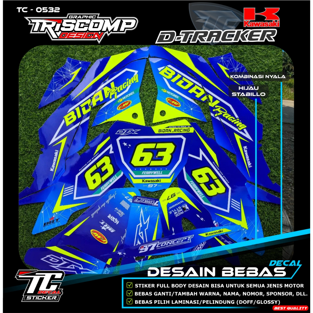 Jual Decal custom Sticker klx dtracker 150 new motif biru list hijau ...