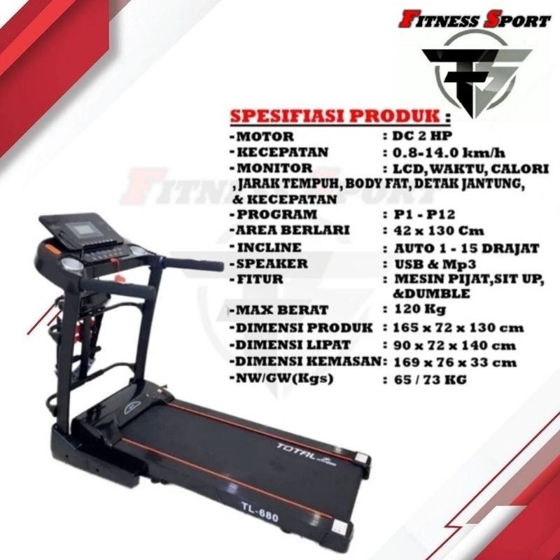 Jual Alat Fitness Treadmill Elektrik TL-680 Auto Incline Free Dumbbell ...