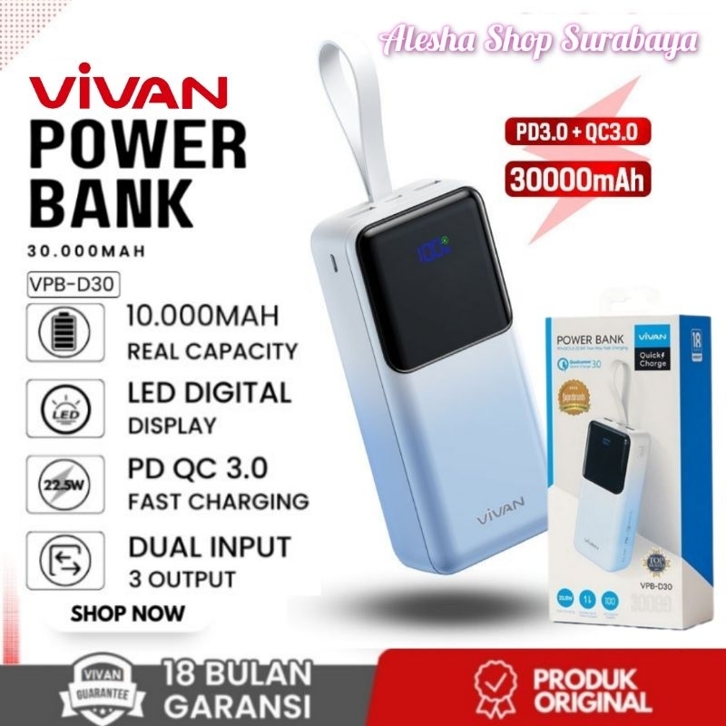 Jual VIVAN VPB-D30 Power bank 30000mAh 22.5W QC PD LED TYPE C 3 Port ...