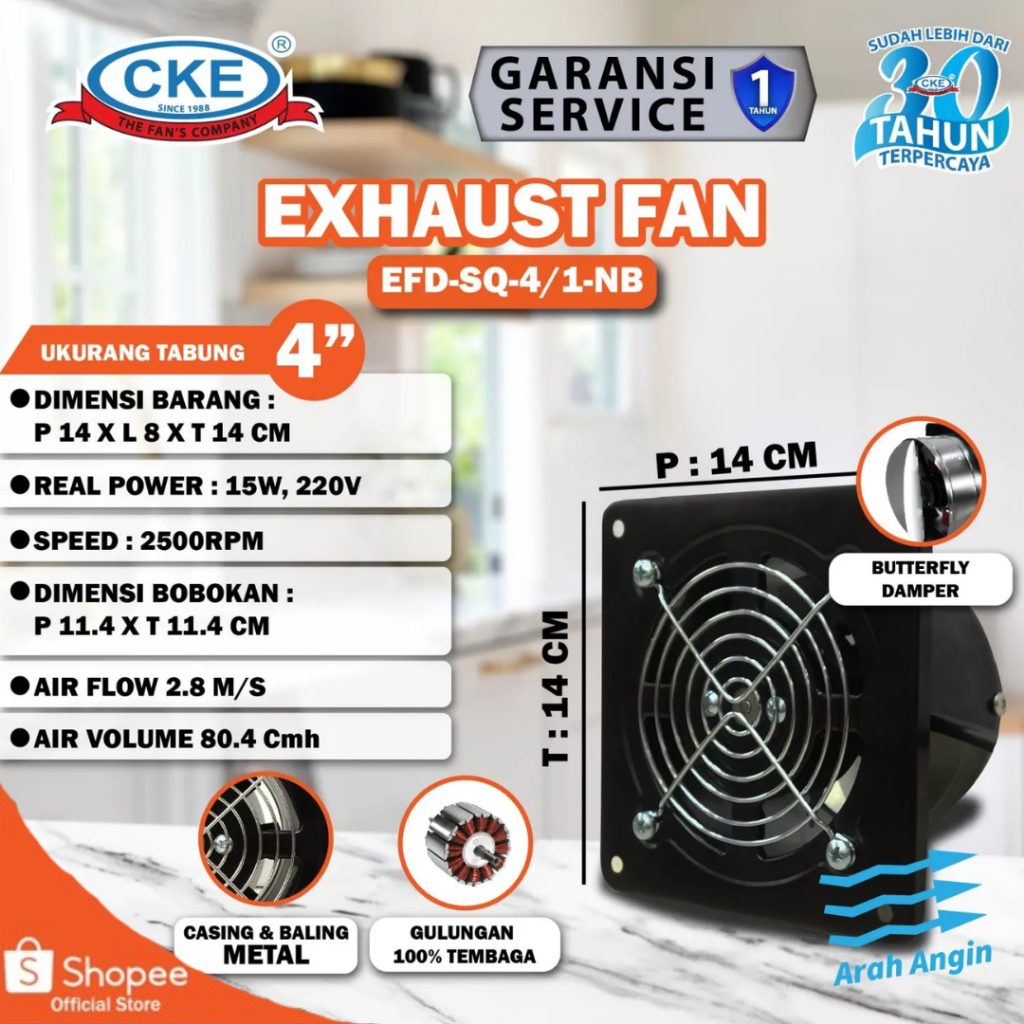 Jual CKE Exhaust Fan 4" Inch EFD-SQ-4/1-NB Duct Booster Fan Plafon Dinding Besi | Shopee Indonesia
