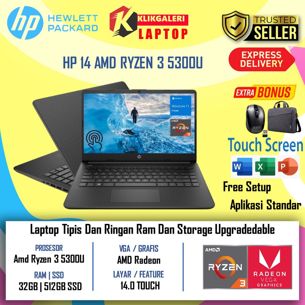 Jual Laptop Gaming Touchscreen Hp 14 FQ AMD RYZEN 3 5300U Ram 32GB 1TB ...