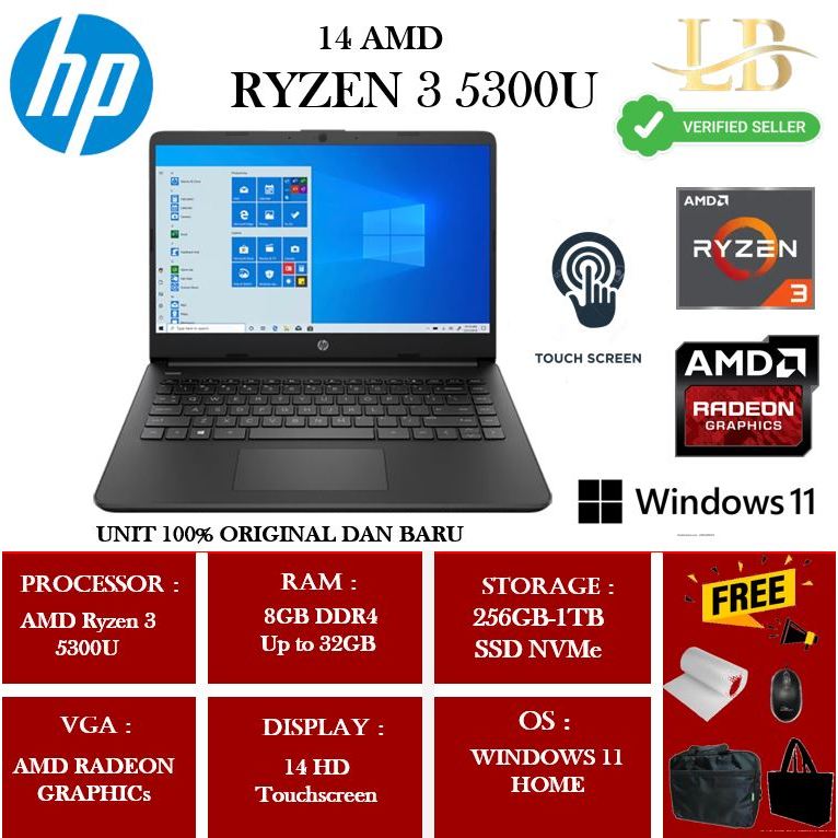 Jual Laptop Gaming Murah Hp 14 Ryzen 3 5300U 8GB 256GB SSD 14" Touch ...