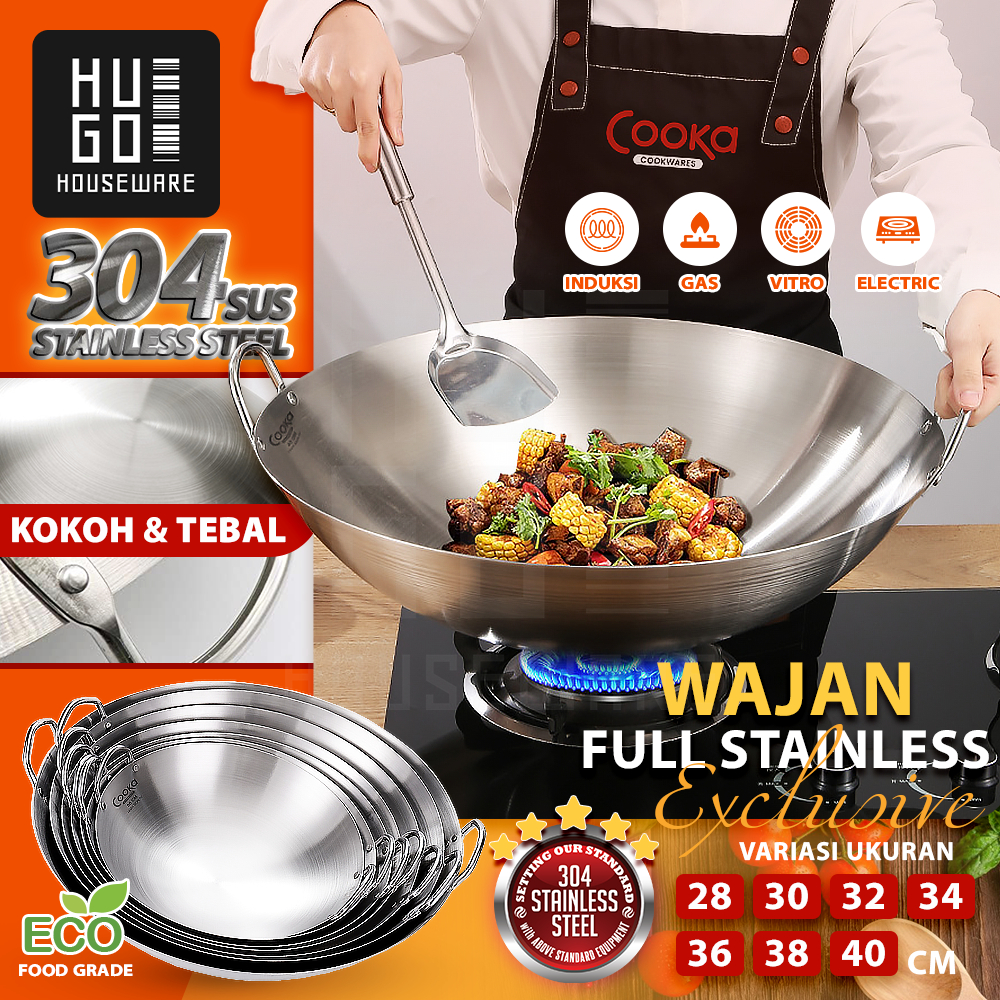 Jual HUGO Wajan Stainless 304 Tebal Kuali Premium dengan Pegangan ...