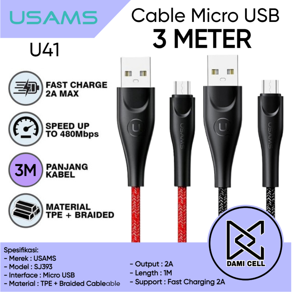 Jual Kabel Data Micro USB 3 Meter Fast Charging 2A Original USAMS U41 | Shopee Indonesia