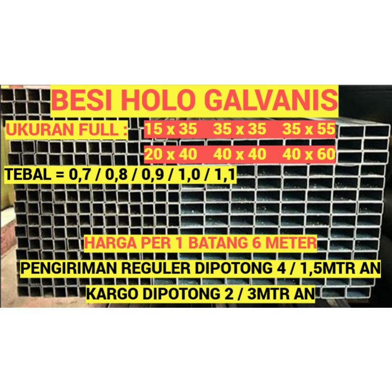 Jual PIPA BESI KOTAK HOLO BESI GALVANIS 2X4 4X4 4X6 HARGA 1 BATANG 6 ...