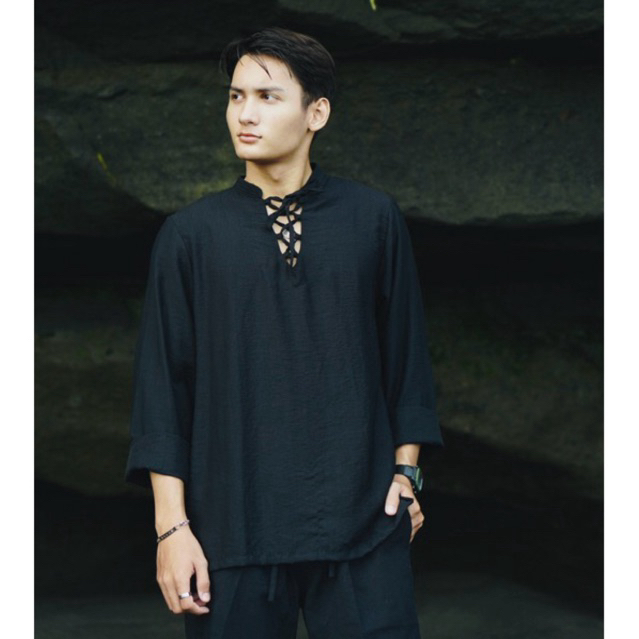 Jual BEACHWELL Baju Kemeja Pria Tali Lengan Panjang Linen Hitam - Polo ...