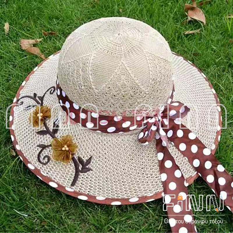Jual Finn - Topi Pantai Wanita Topi Visor Aksen Bunga Topi Jerami Tali Pita Polka Trendy Fashion ...
