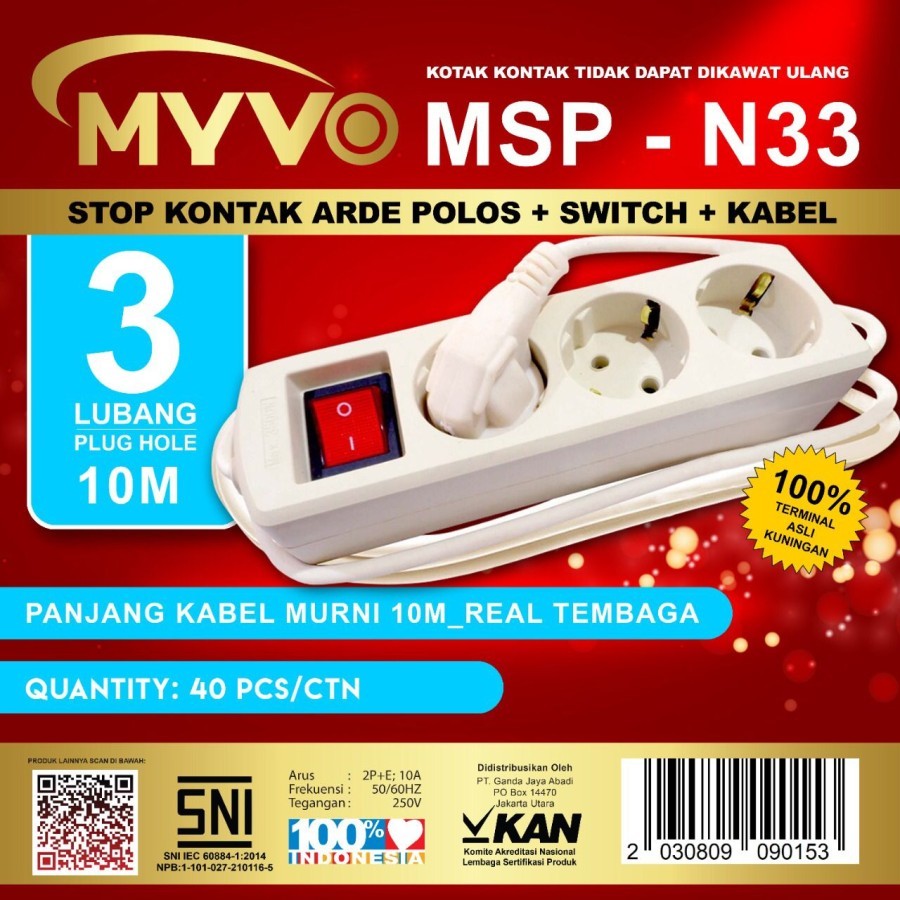 Jual MYVO Stop Kontak 3 Lubang + Kabel 10 Meter MSP N33 | Shopee Indonesia