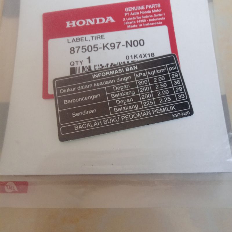 Jual stiker label tekanan ban label tire pcx 150 k97 original honda ...